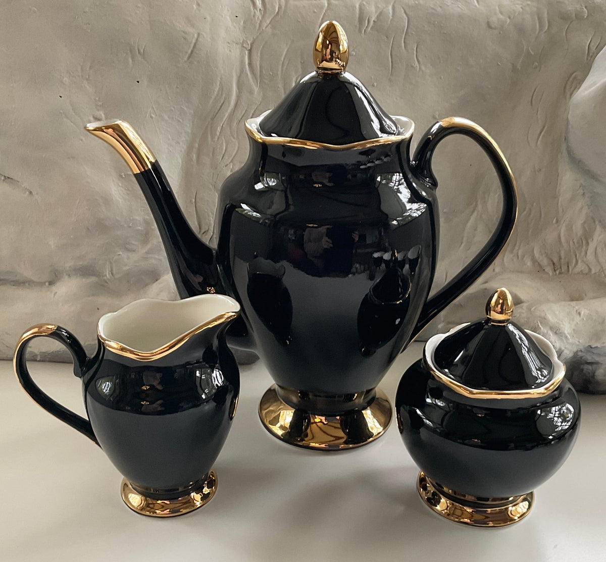Black & Gold Halloween Tea Set with spoons, Bat/Cat/Crow/Moth design ...