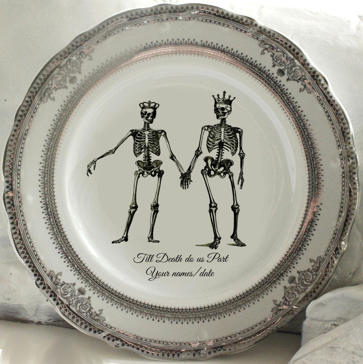 CLOSEOUT - 7.5” Silver Skeleton Wedding Couple Plate – Angioletti Designs