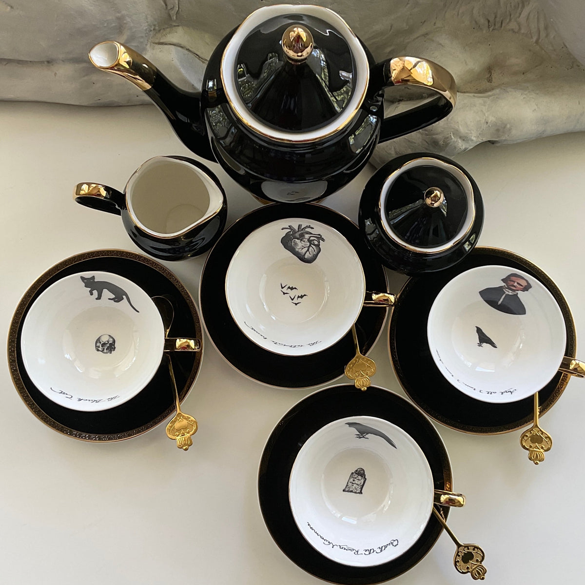11 Piece Edgar Allan Poe Tea Set with spoons, food safe, Porcelain ...