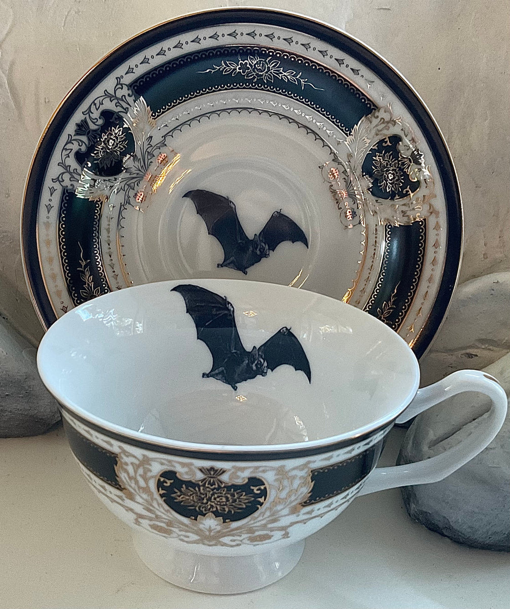 Black Bat Teacup & Saucer Set, 8 oz, Porcelain – Angioletti Designs
